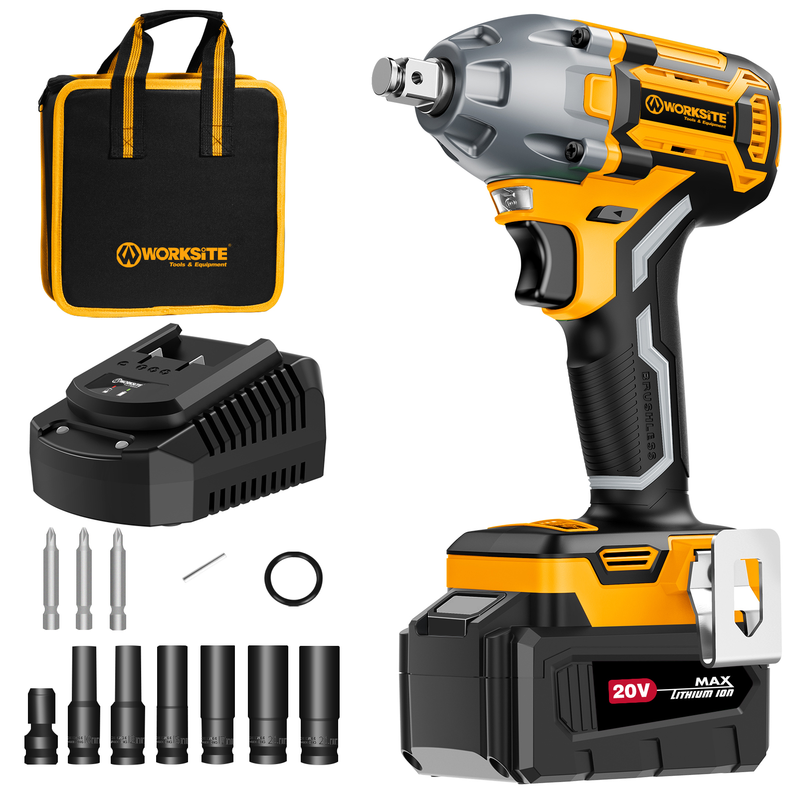 WORKSITE Brushless Cordless Impact Wrench 1/2" 20V Battery Powered