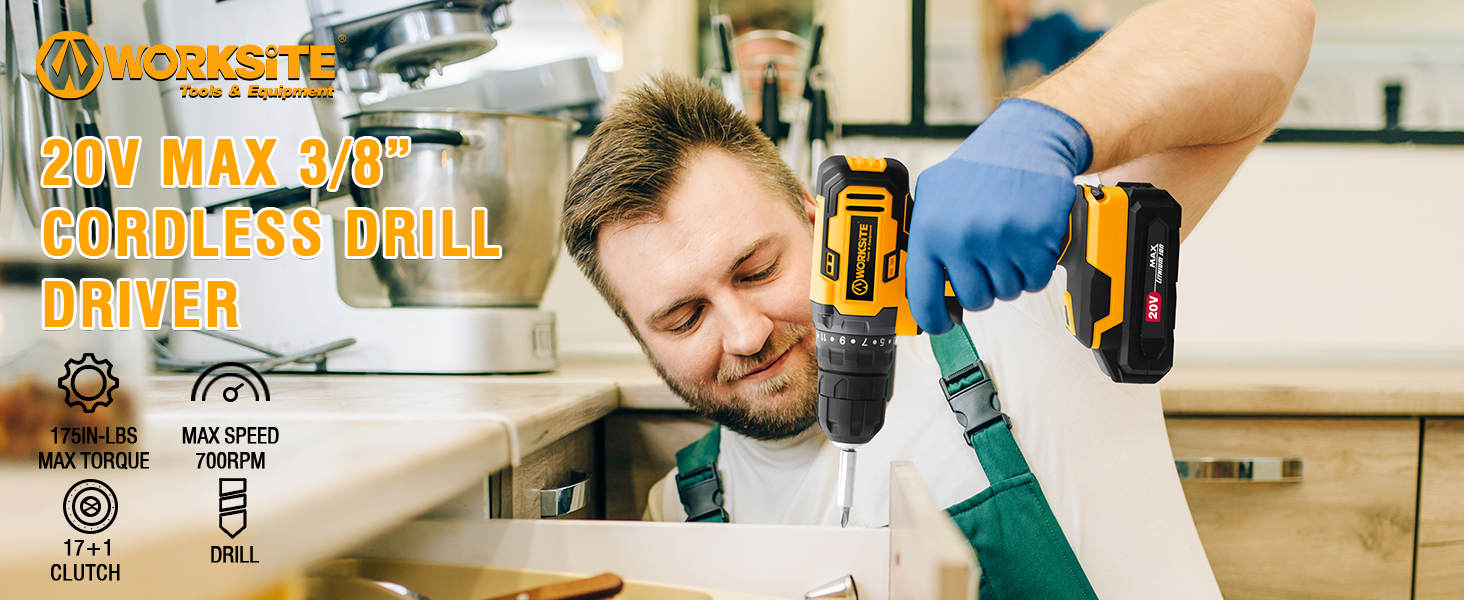 WORKSITE Cordless Drill 3/8"Keyless Chuck Battery Power Variable Speed