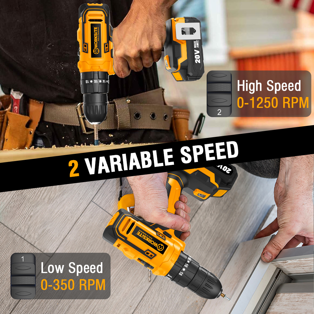 WORKSITE Brushless 1/2" Cordless Drill 20V Battery Power Hammer Drills