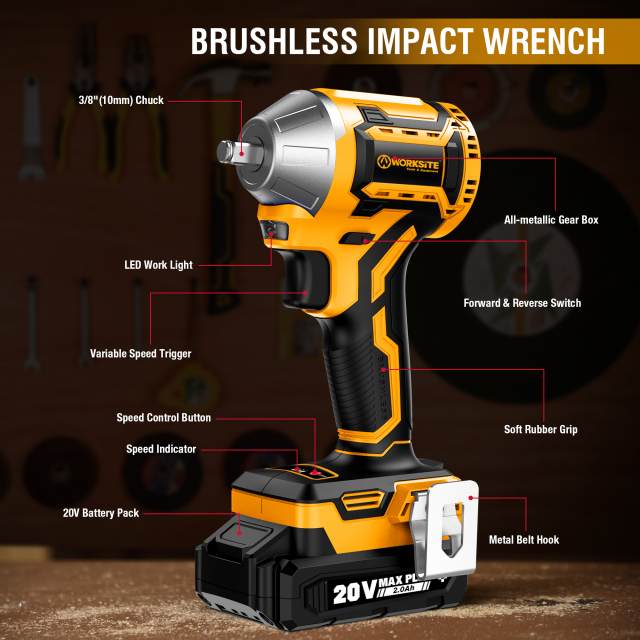 WORKSITE 20V Brushless Impact Wrench 3/8" 250Nm Tire Wrenches