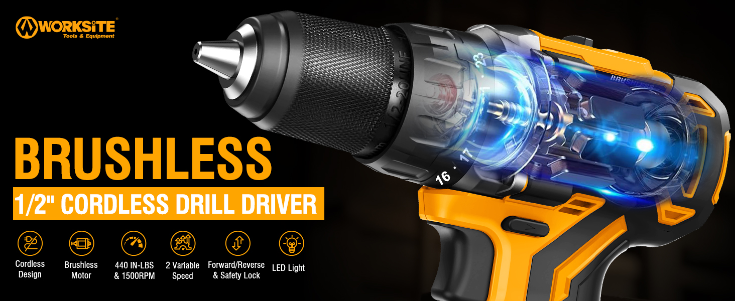 WORKSITE 1/2" Brushless Cordless Drill 20V Compact Electric Drills