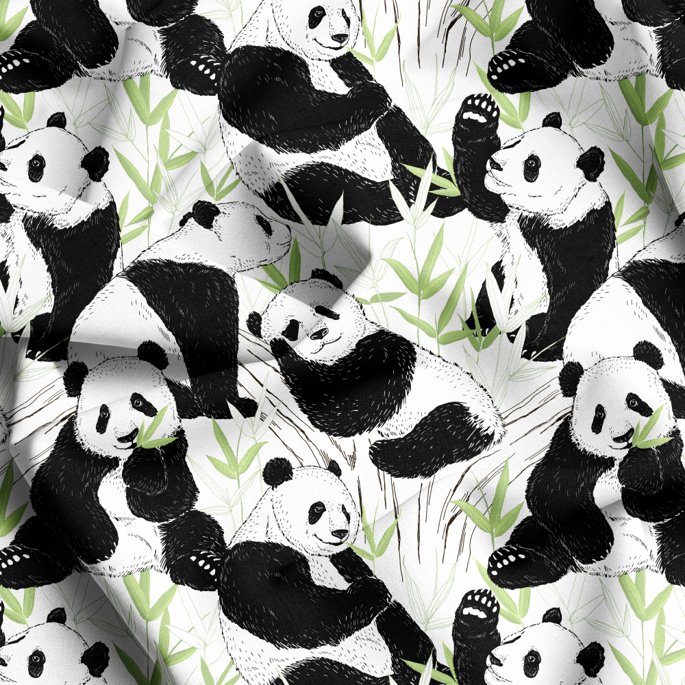 Hand-Drawn Cute Pandas and Bamboo Fabric | Custom Digital Print Fabrics