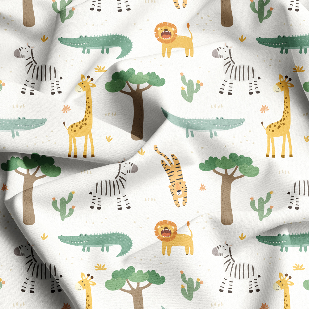 Watercolor Wildlife Lions Tigers Crocodiles Zebra Fabric | Custom Print Fabrics