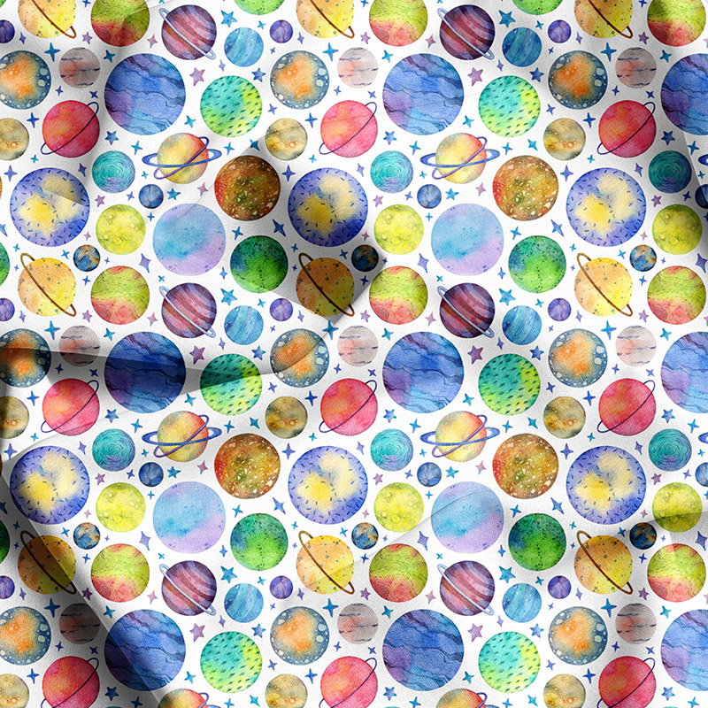 Colorful Space Planets Stars Fabric- Custom Print Fabrics by Prinstitch
