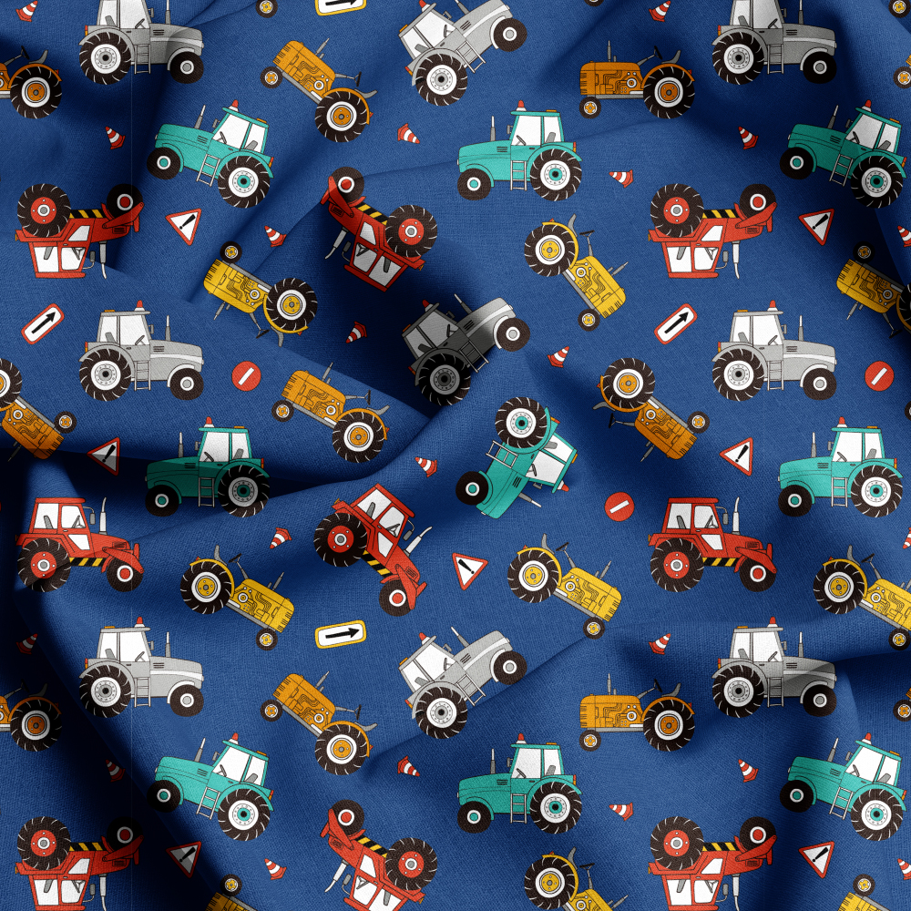 Hand-Drawn Tractors on Blue Background – Custom Fabric Printing ...