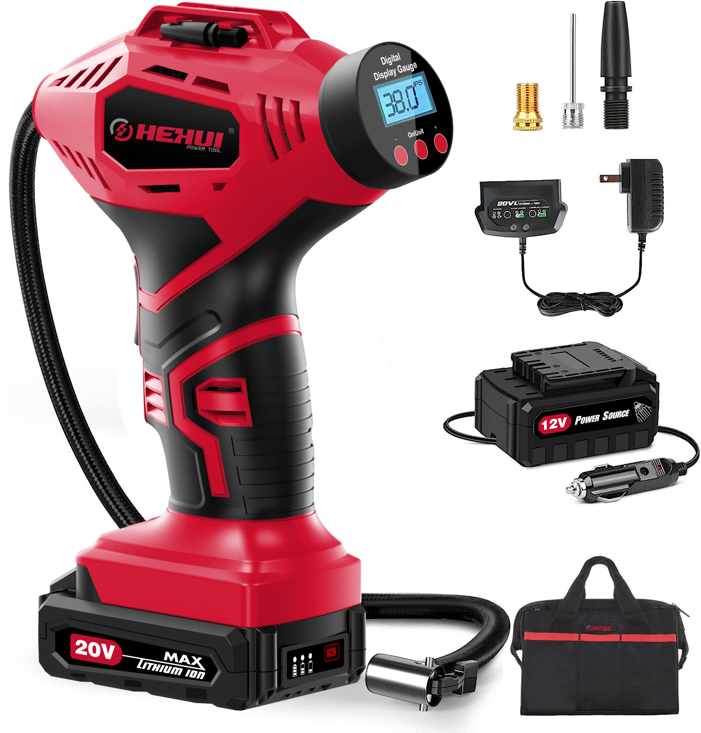 HEHUI 20V Cordless Tire Inflator Portable Air Compressor Car Air Pump