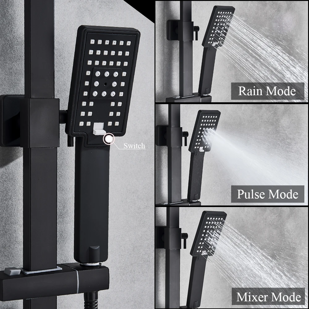 Stainless Steel 304 Black Shower Set Luxury Square Bathroom Shower 3 Way Rainfall Shower System
