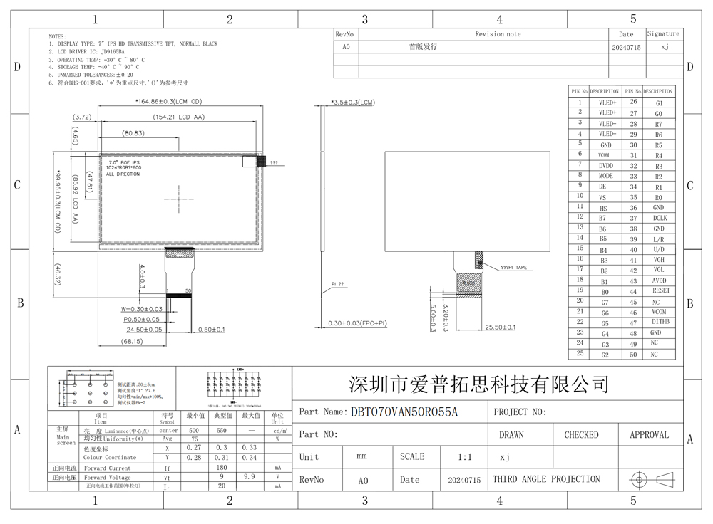 7 inch 1024x600 50PIN RGB 550nit LCD Module