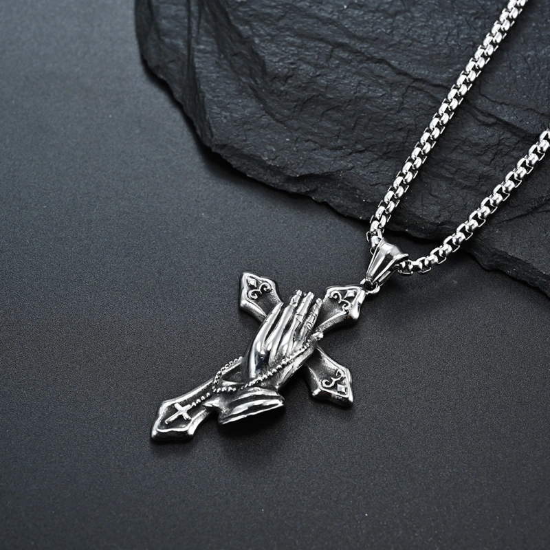 Vintage Praying Hands Cross Necklace
