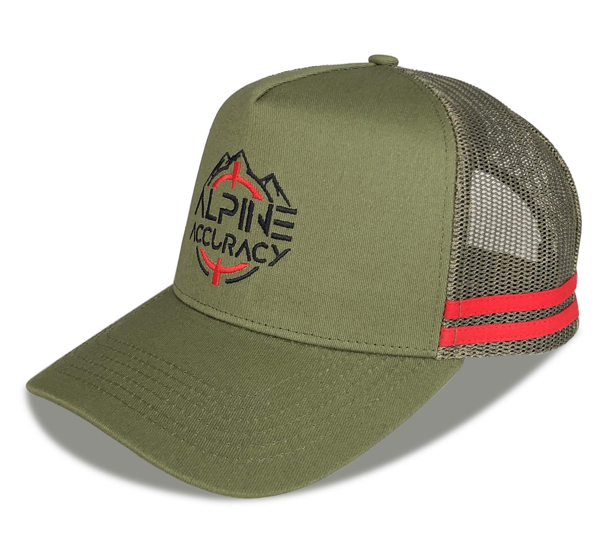 Trucker Hat - CMC-3100 ( Custom Olive Green Crown Red Stripes Deep Fit ...