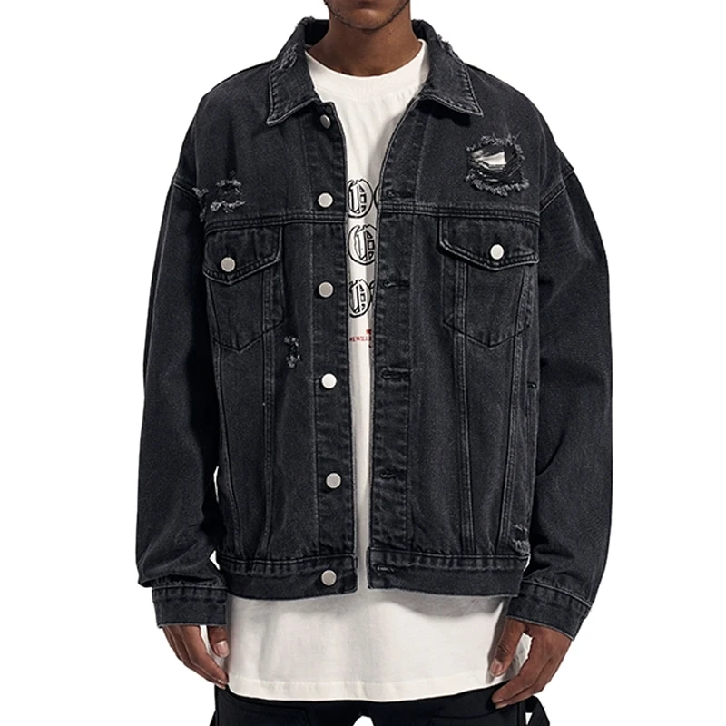 HEZ Fashion Washed Distressed Ripped Vintage Denim Jacket for Men