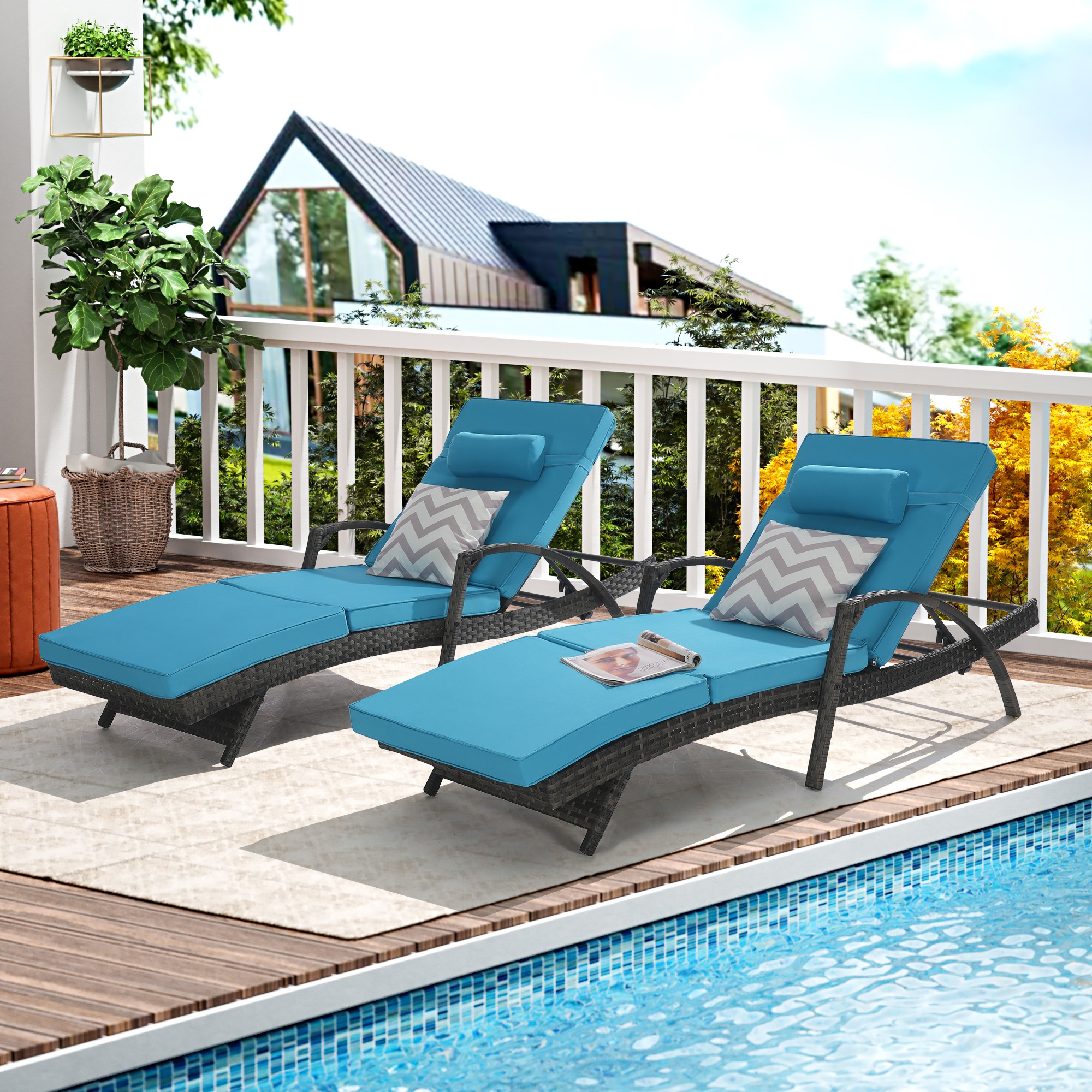 Outdoor Wicker Long Reclining Chair Set of 2 with Cushions, Wicker ...