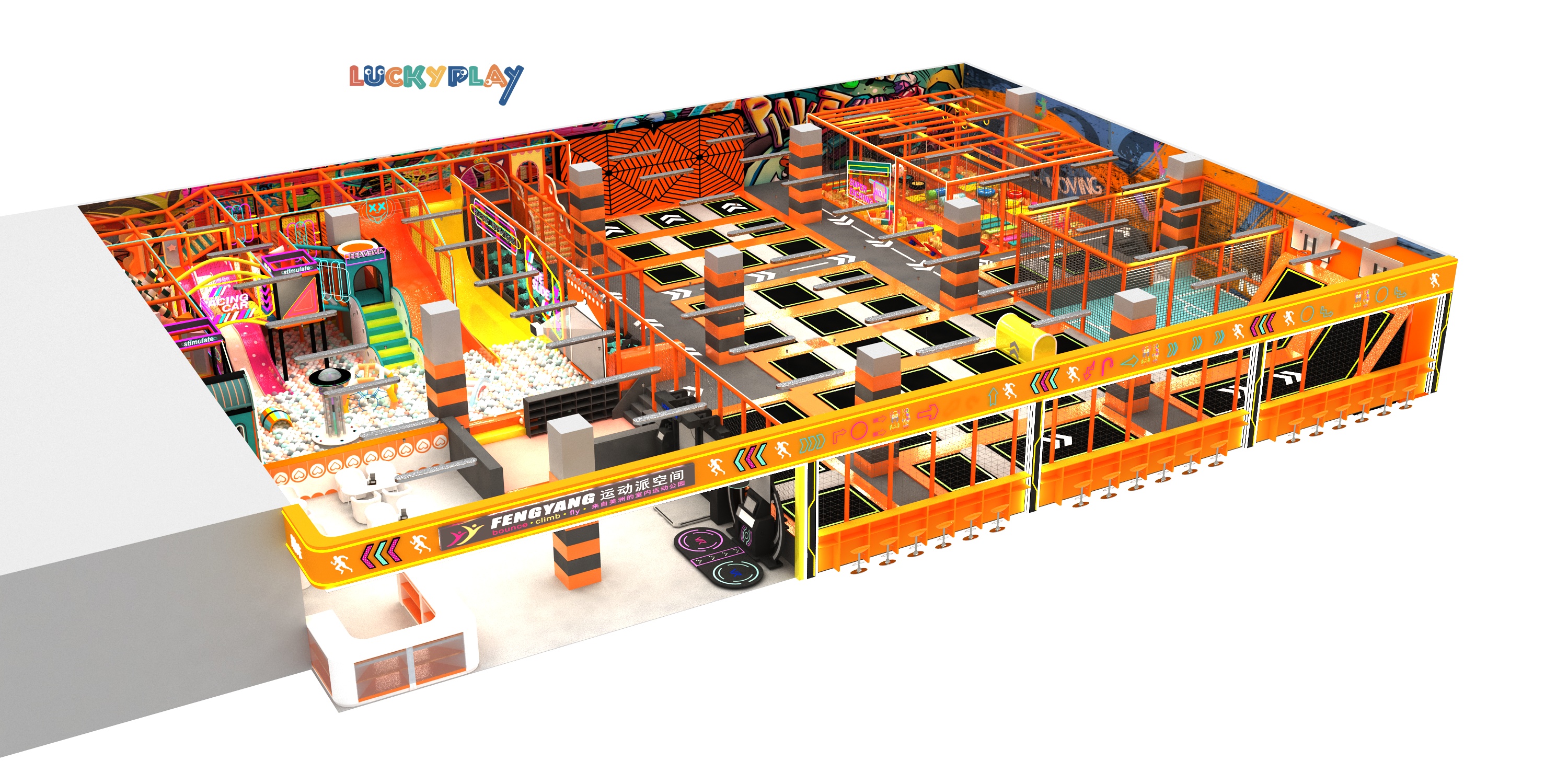 Indoor Trampoline Park With Obstacle Course Basketball Zone Foam Pit ...
