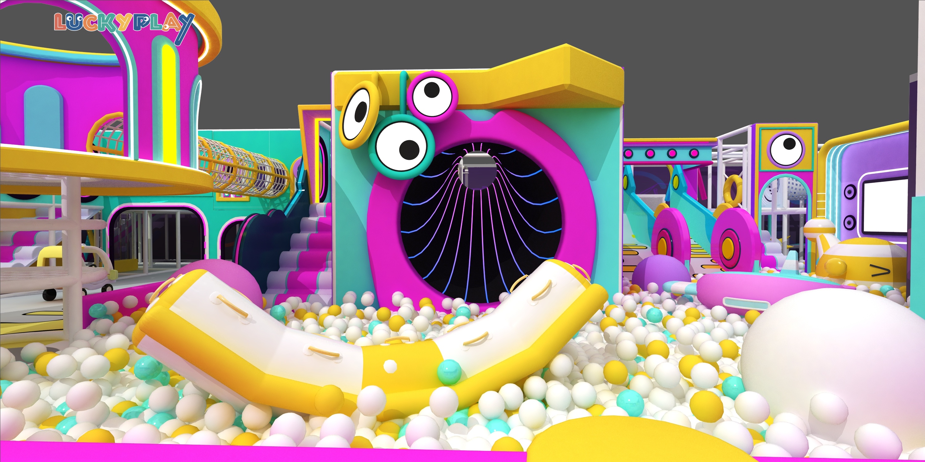 Whimsical Soundwave Theme Commercial Indoor Playground With Slides Ball ...