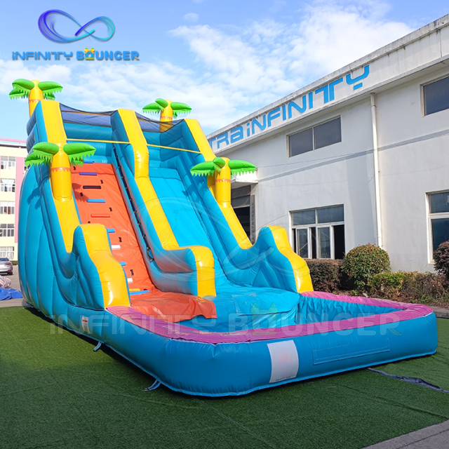 Blue color inflatable waterslide with pool