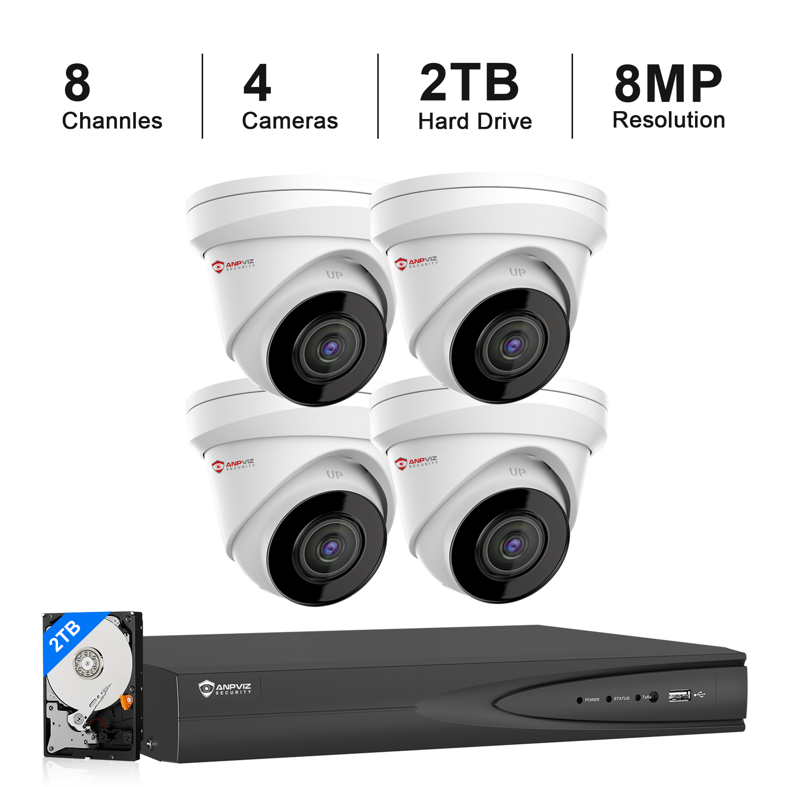 USA Only 8CH 8MP IP Camera System with 2TB HDD, 4PCS 4K POE Cameras ...