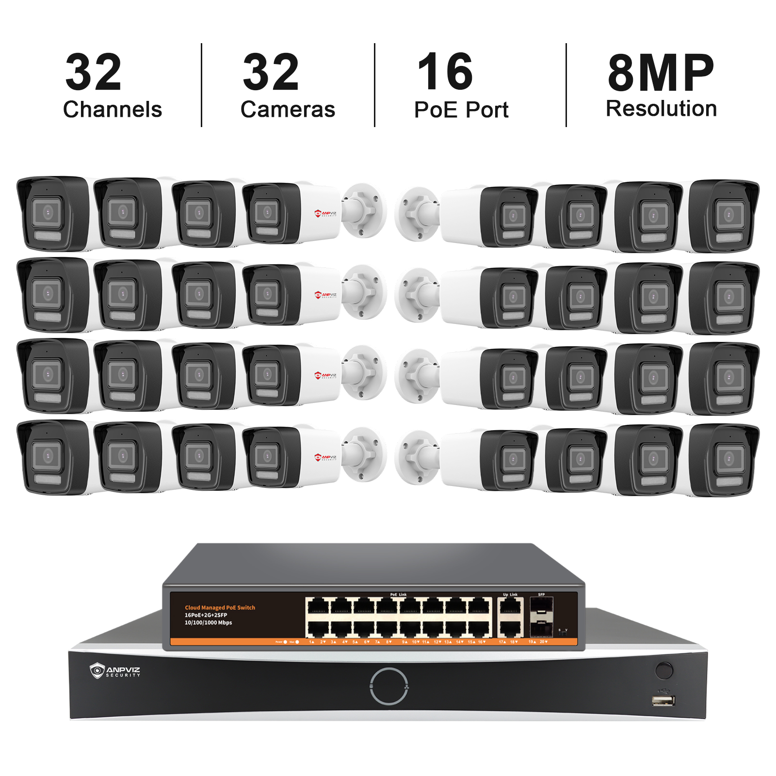 USA Only 32ch 4K POE Camera System for Business, 32PCS 8MP Bullet IP ...