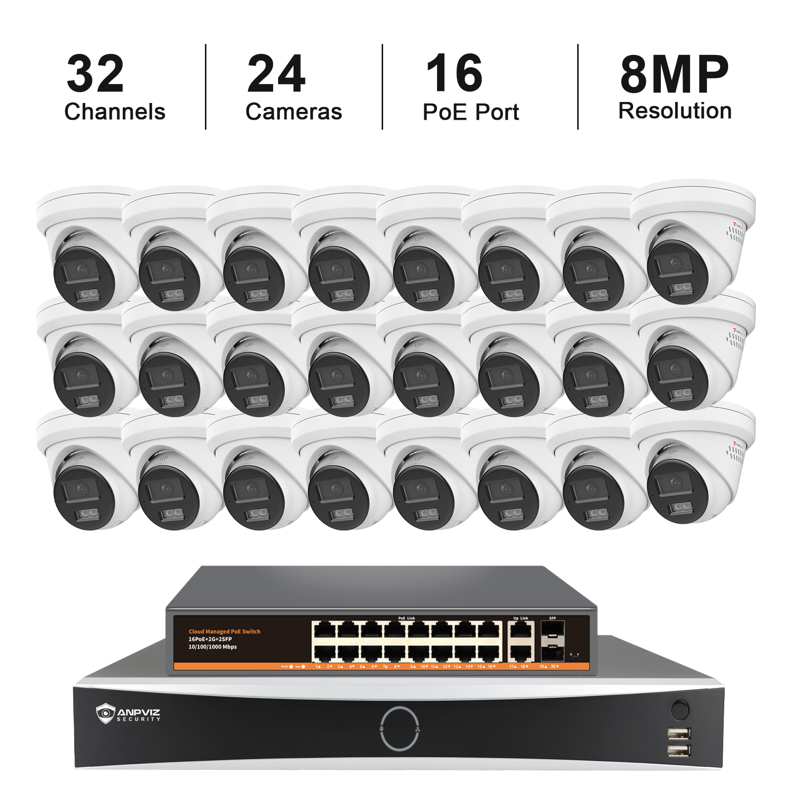 USA Only 24PCS Turret Security Camera Kit, 8MP Active Deterrence POE ...
