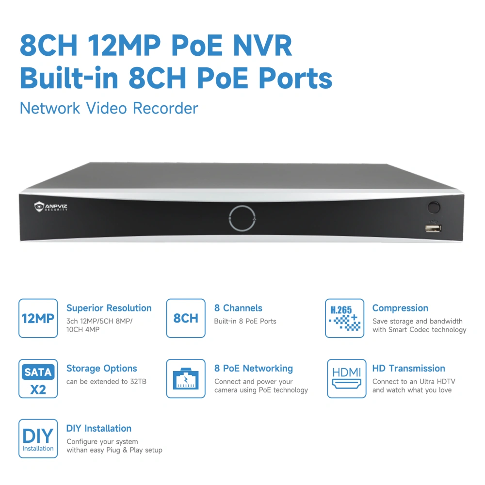 USA Only Anpviz 8CH 12MP PoE NVR POE Network Video Recorder IP Home ...
