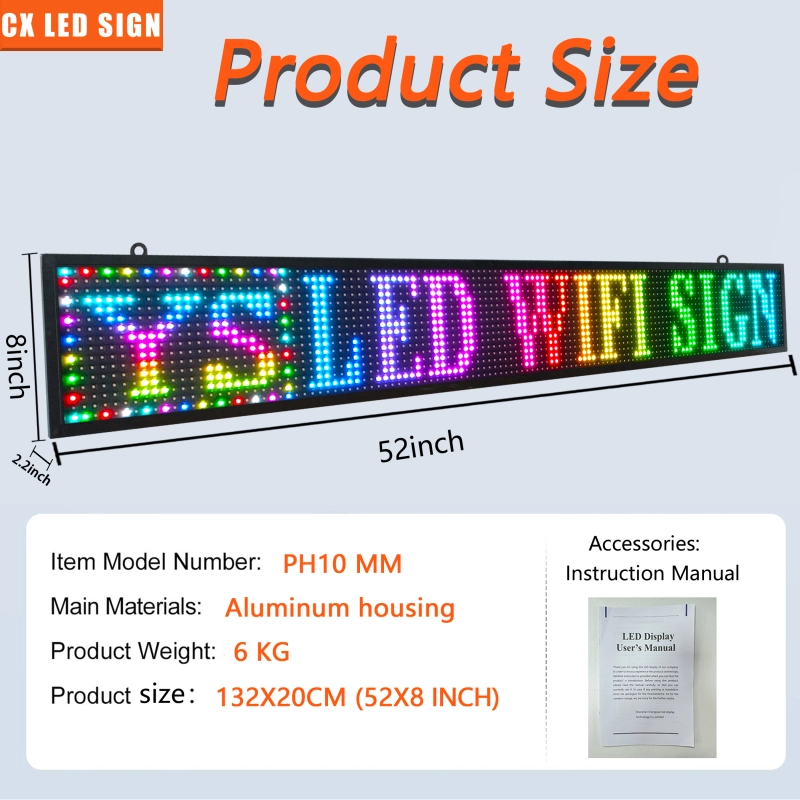 PH10 mm Outdoor LED Sign Display WiFi Programmable 52 x 8 inch LED ...