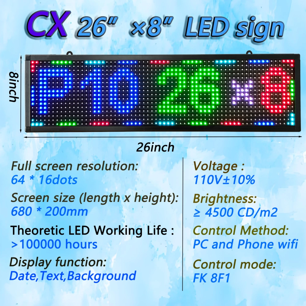 P10 Outdoor LED Sign Display 26'' x 8'' WiFi Programmable LED Scrolling ...