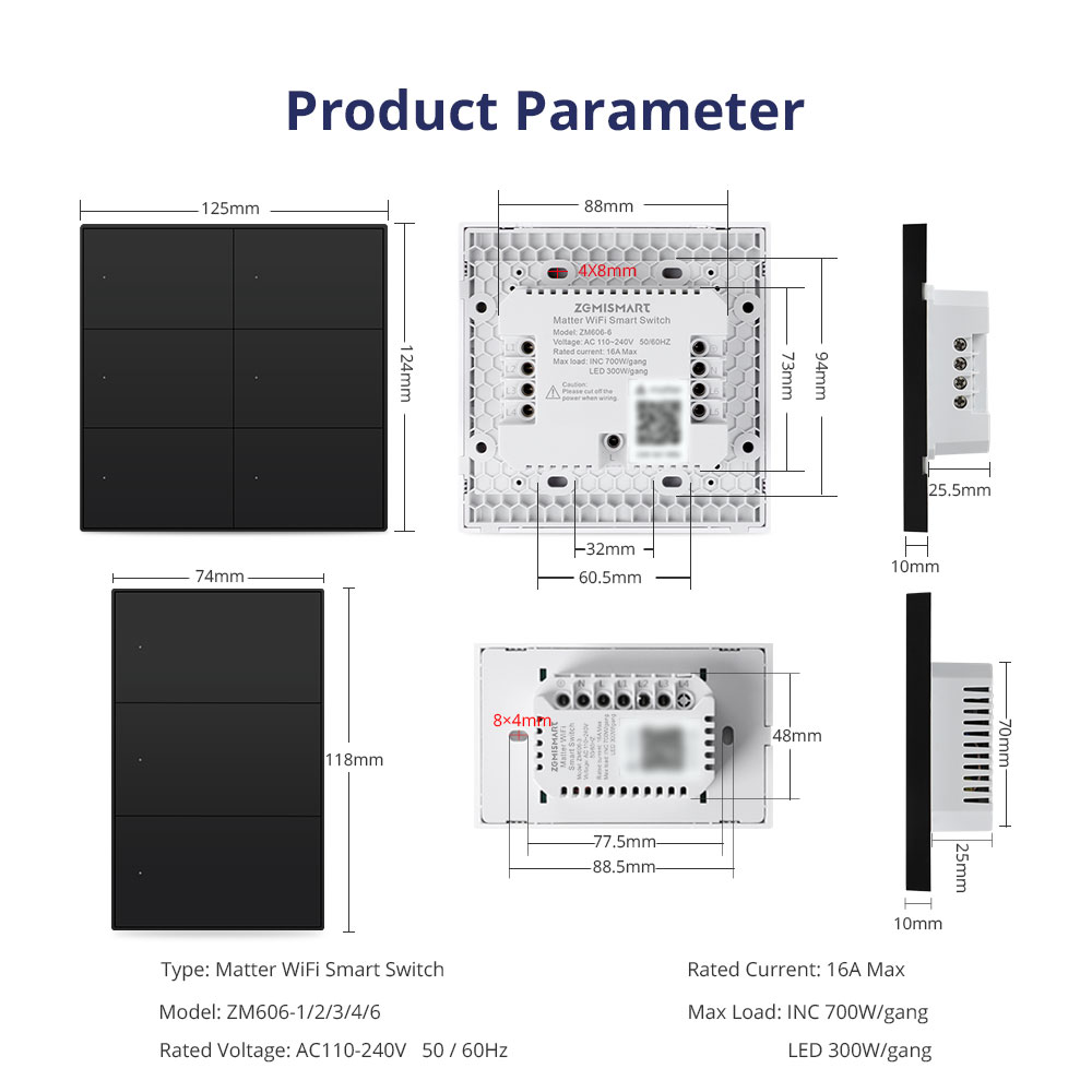 Zemismart Matter over Wifi Smart Push Button US Switch 1 2 3 4 6 gang ...