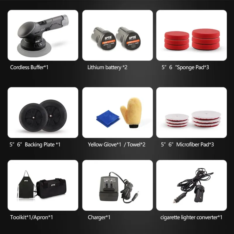 SPTA 12V Cordless Buffer Polisher 8mm DA Polisher with 2 2.0Ah Battery ...