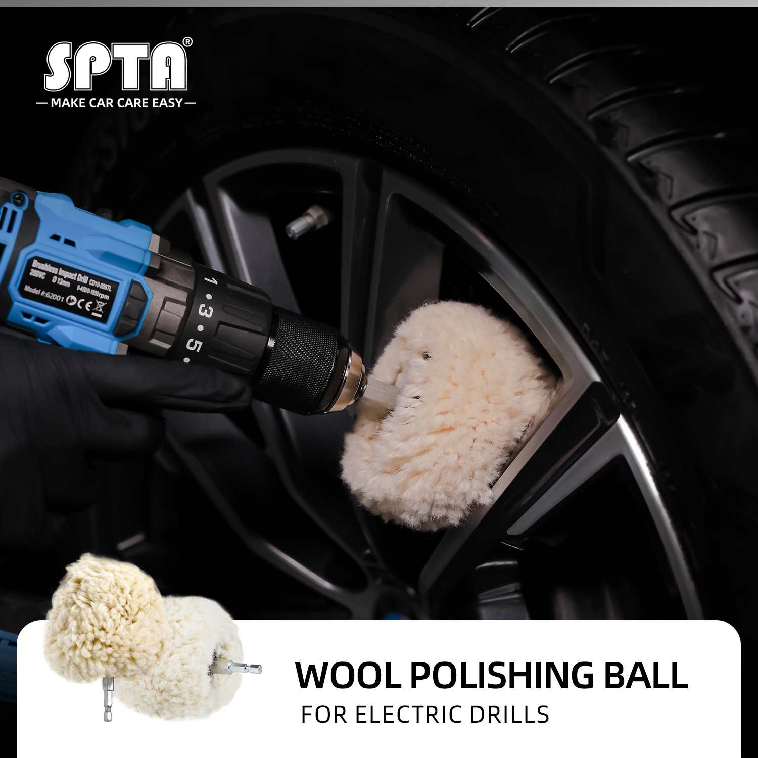 SPTA 4" Genuine Wool Buffing Ball Polishing Ball Hex Shank Turn Power ...
