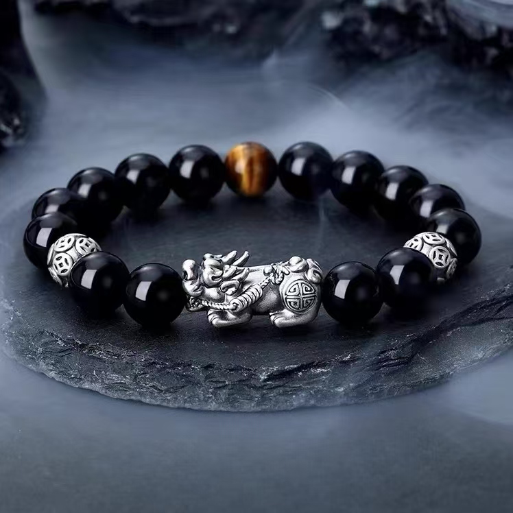 999 Pure Silver Pi Xiu Obsidian Bracelet — The Eclipse Pact of Twin Flames