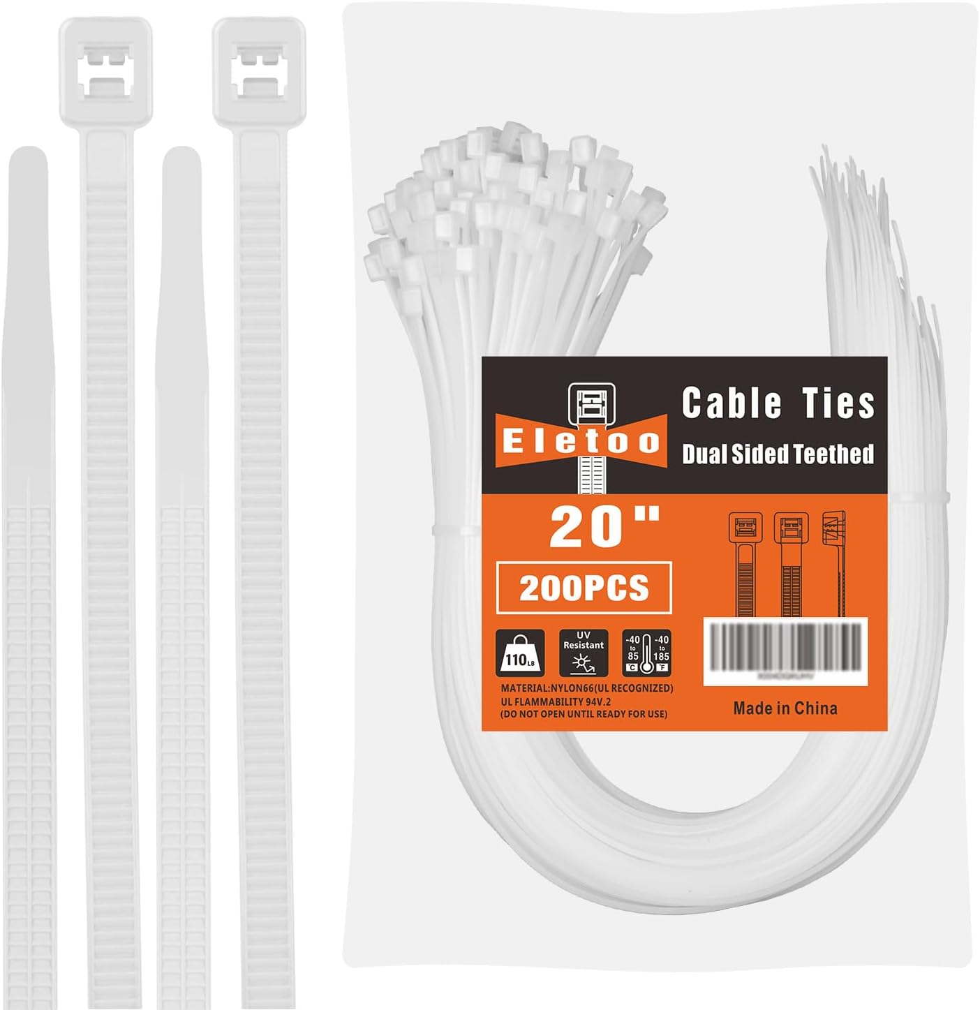 20 Inch White Long Zip Ties Heavy Duty 200 Pack, 2025 New Patented ...