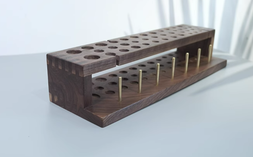 Black walnut leather tools rack with brass thread spool