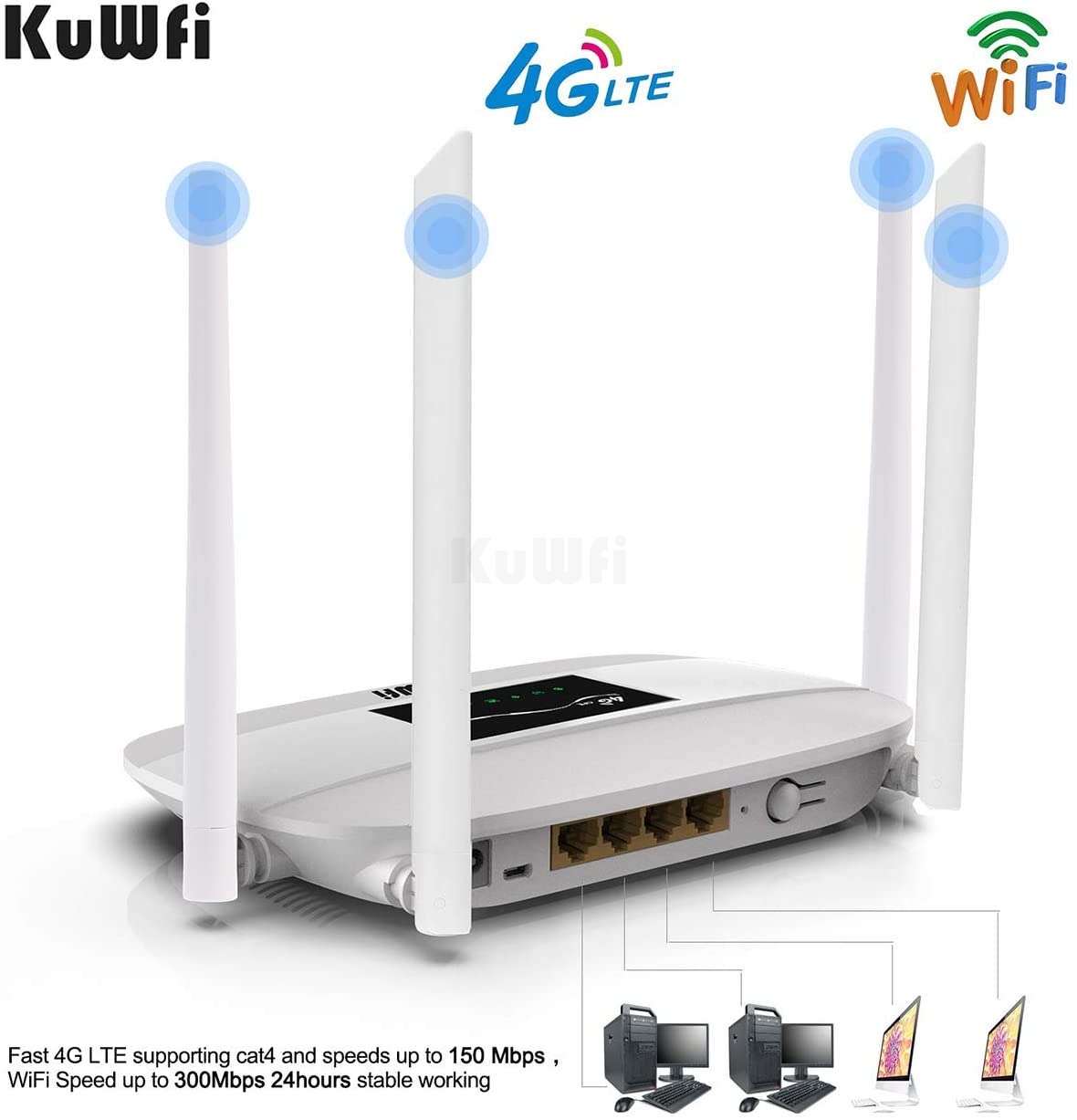 KuWFi 300Mbps 4G LTE CPE, Unlocked 4G CPE Wireless Router with SIM Card ...