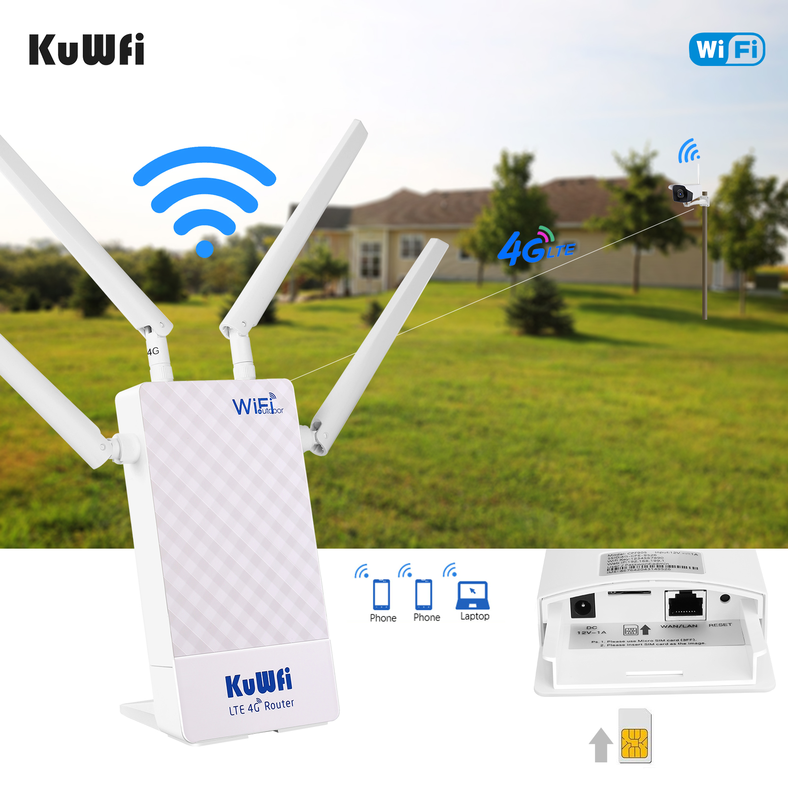 KuWFi Outdoor Waterproof WiFi Router 4G LTE SIM Card Port Mapping DMZ