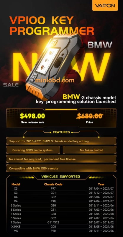 2025 New Vapon VP100 BMW Auto Key Programmer Supports BMW G Series BDC2 Add Key Function ...