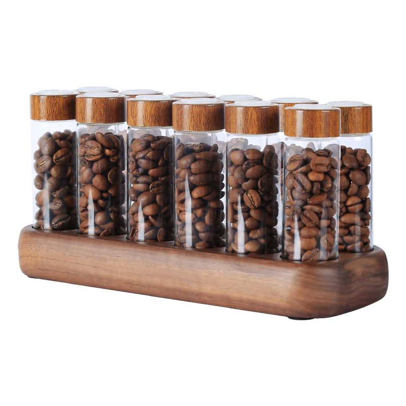 12 Single Dose Coffee Bean Storage Tubes with Wooden Stand and Lids