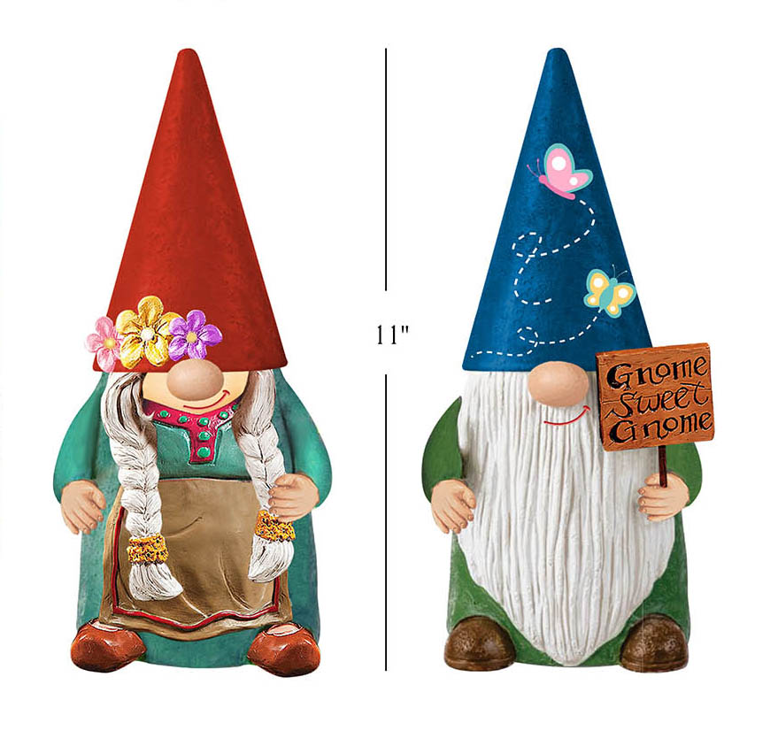 Tri Blossomy Colored Gnomes Statue - Garden Statuary Yard Decor