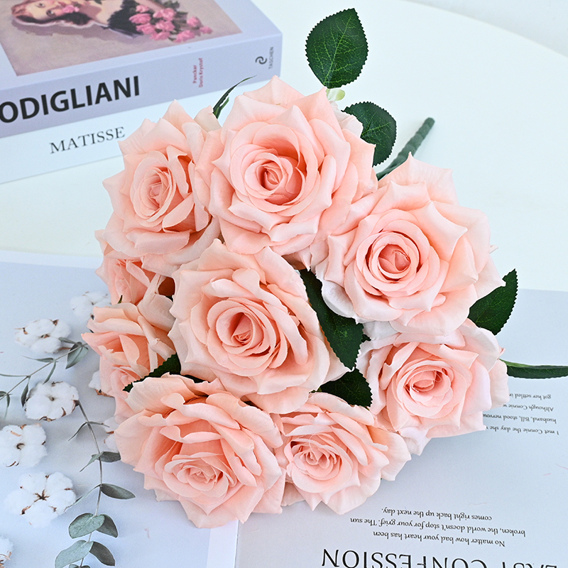 9 Heads Artificial Rose Bunch In Silk For Decoration