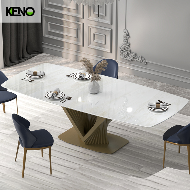 71-Inch Lavish White Glossy Sintered Stone Rectangular Fixed Dining Table with Metal Golden Base