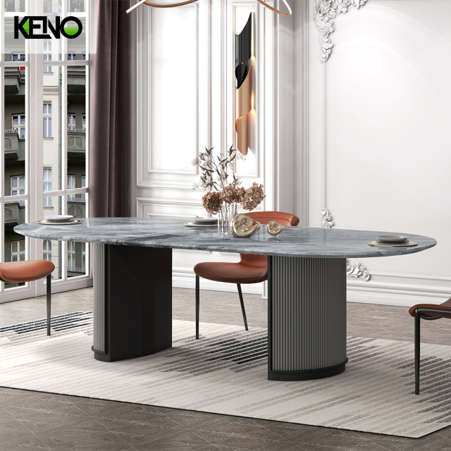 Ripple Fluted Legs Marble Oval Jade Dining Table with Double Pedestal ...