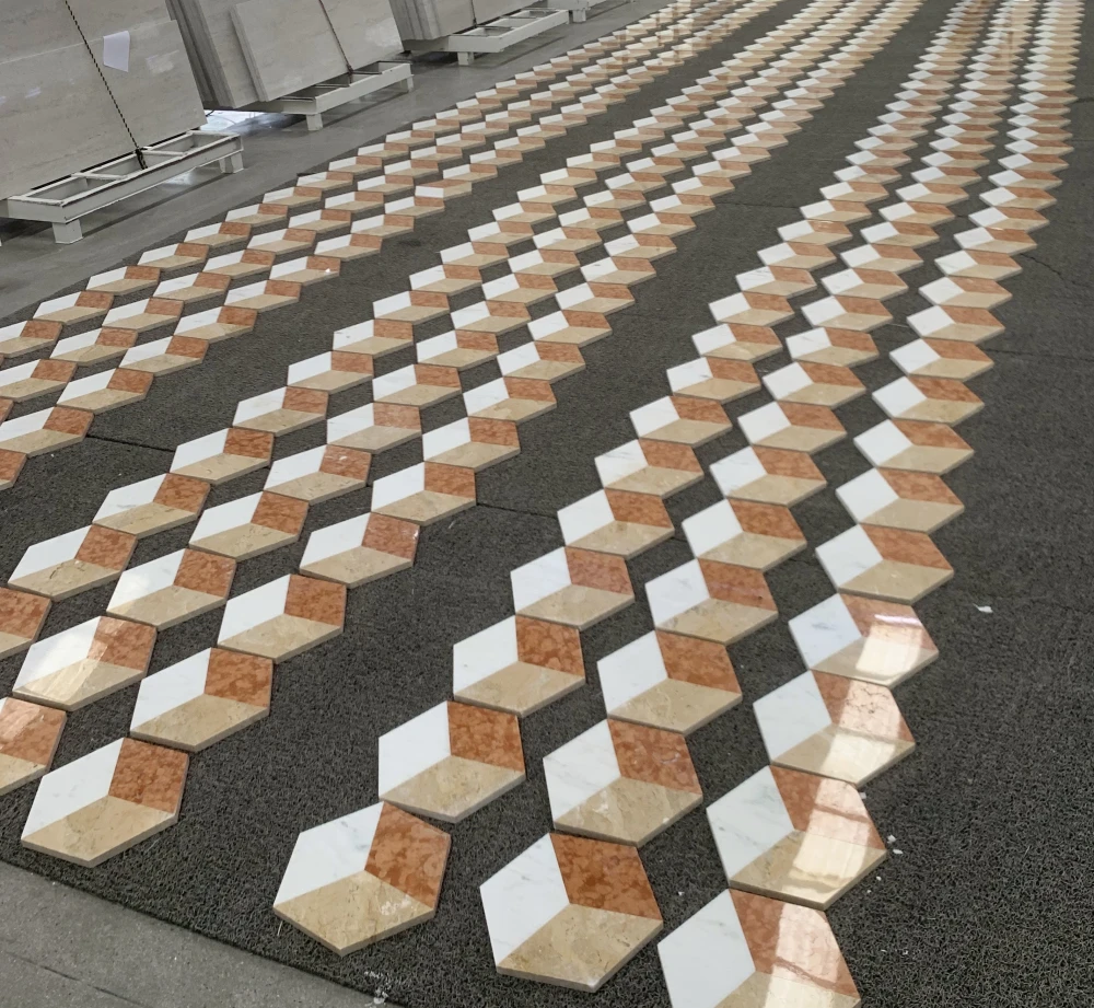 Hexagon Waterjet Marble Tiles | Red, White & Gold Pattern | USA