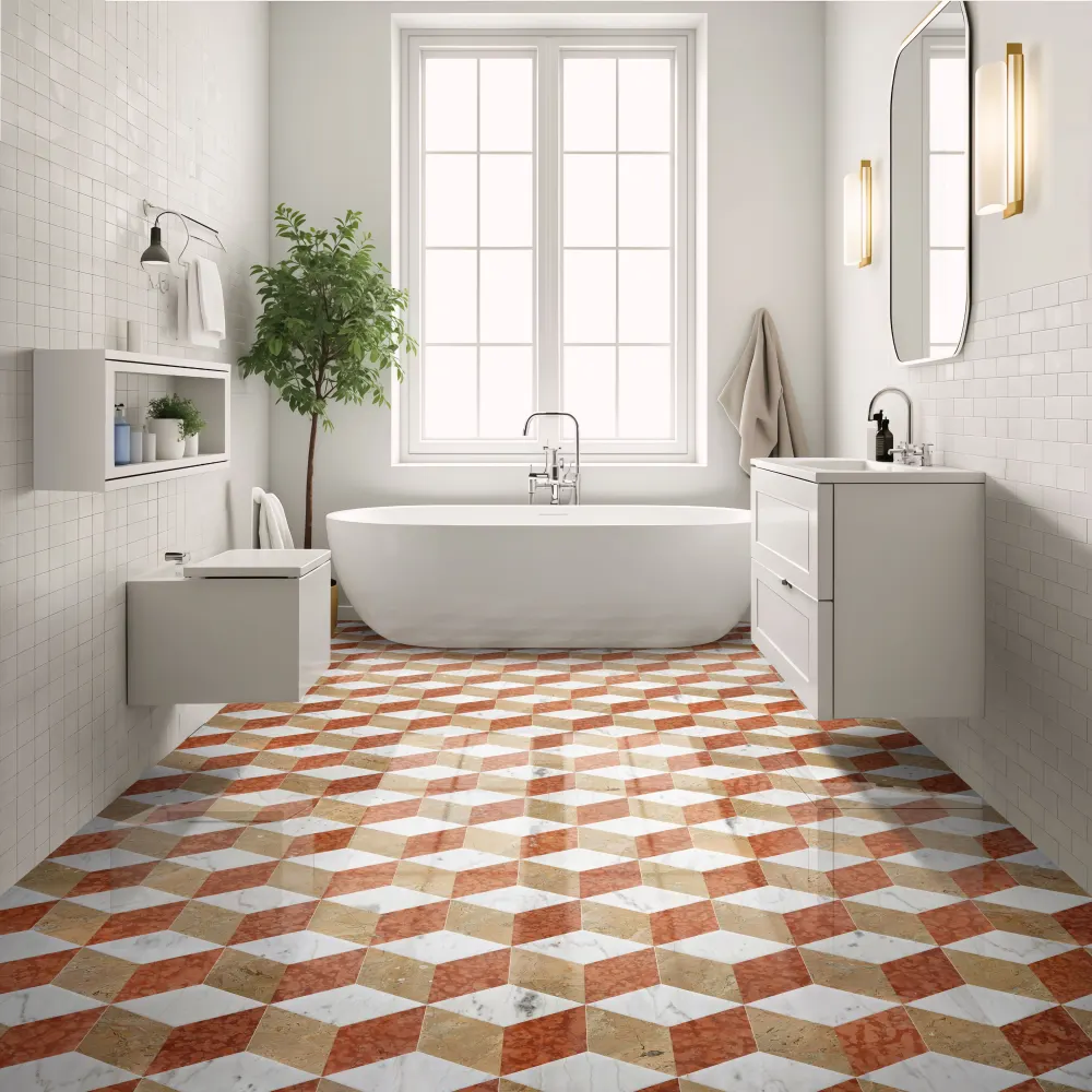 Hexagon Waterjet Marble Tiles | Red, White & Gold Pattern | USA