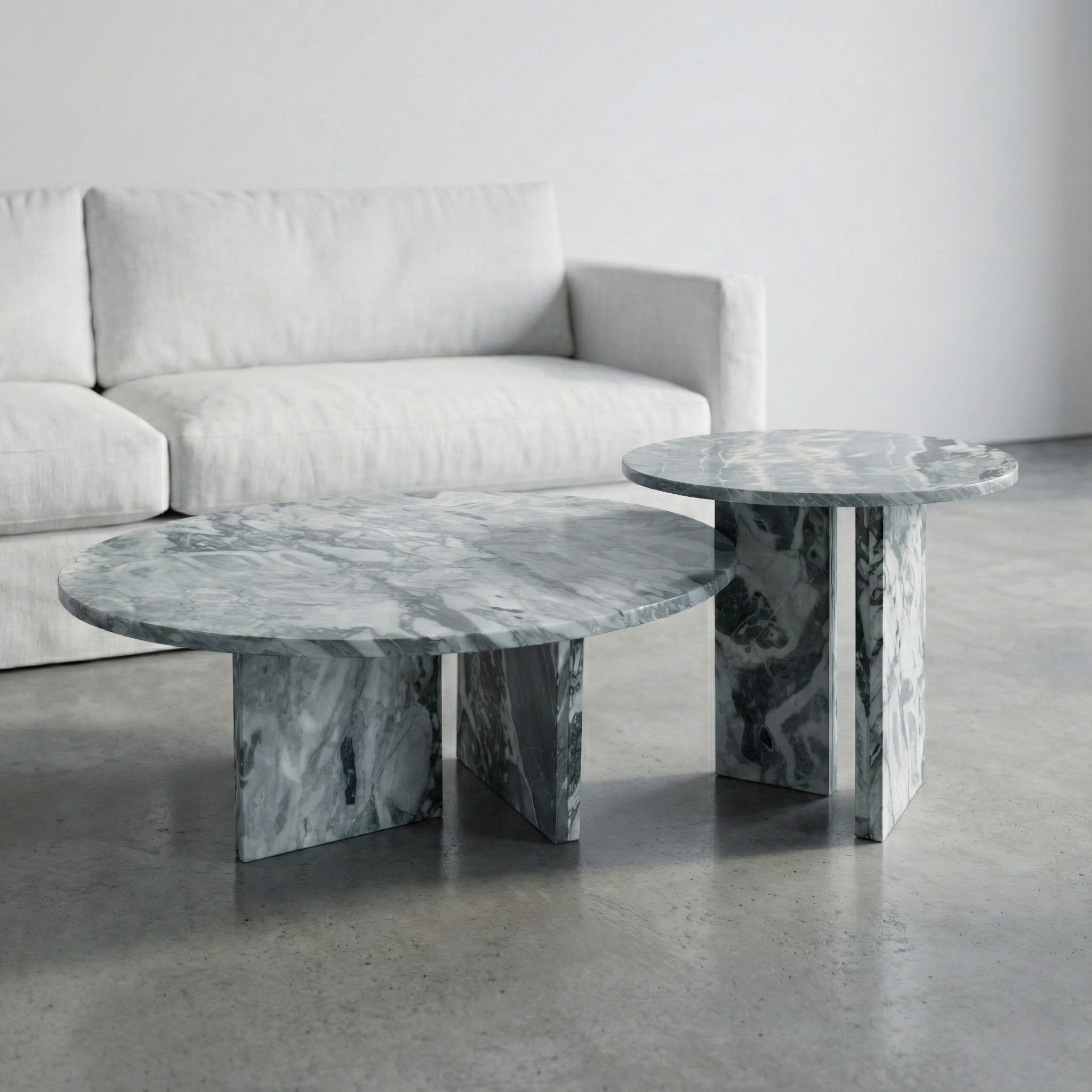 Luxury Blue Gray Marble Nesting Coffee Table Set | Polished Round Stone (Set of 2) | USA Stock