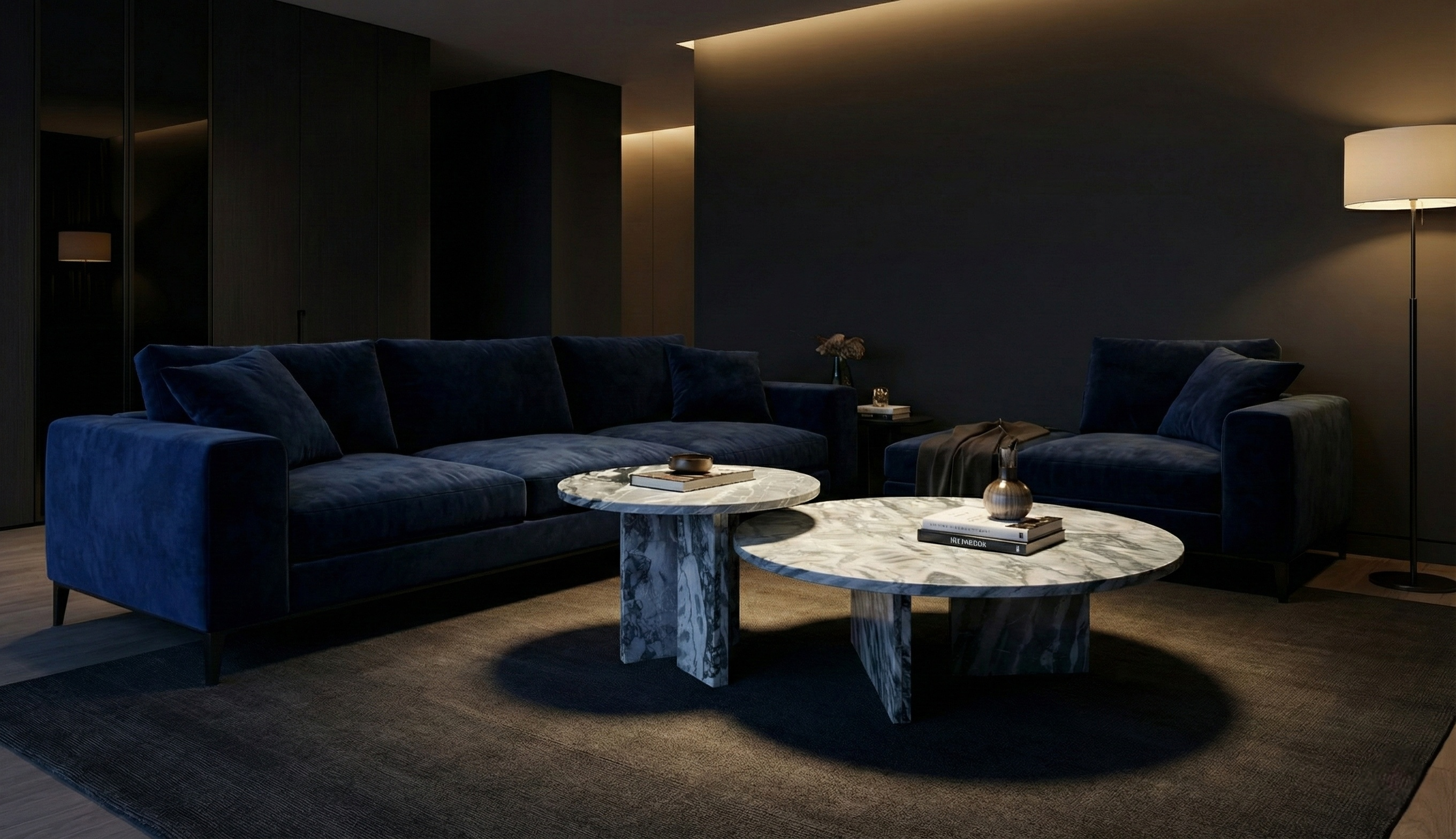 Luxury Blue Gray Marble Nesting Coffee Table Set | Polished Round Stone ...