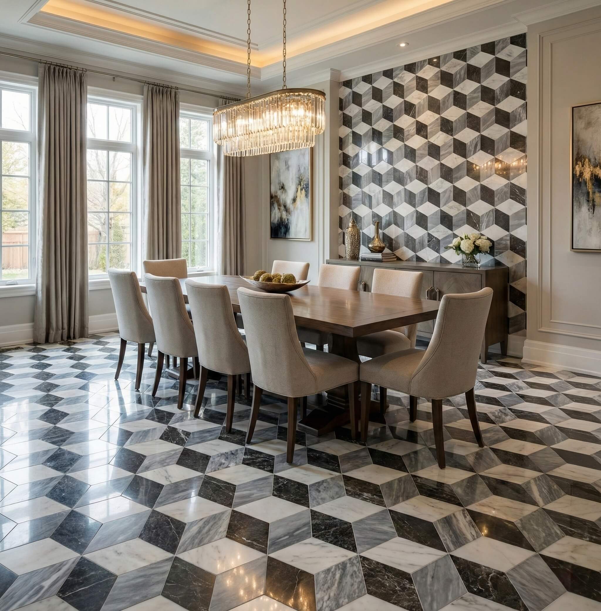 3D Cube Hexagon Marble Tile | Waterjet Mosaic Floor & Wall | 18mm Thick