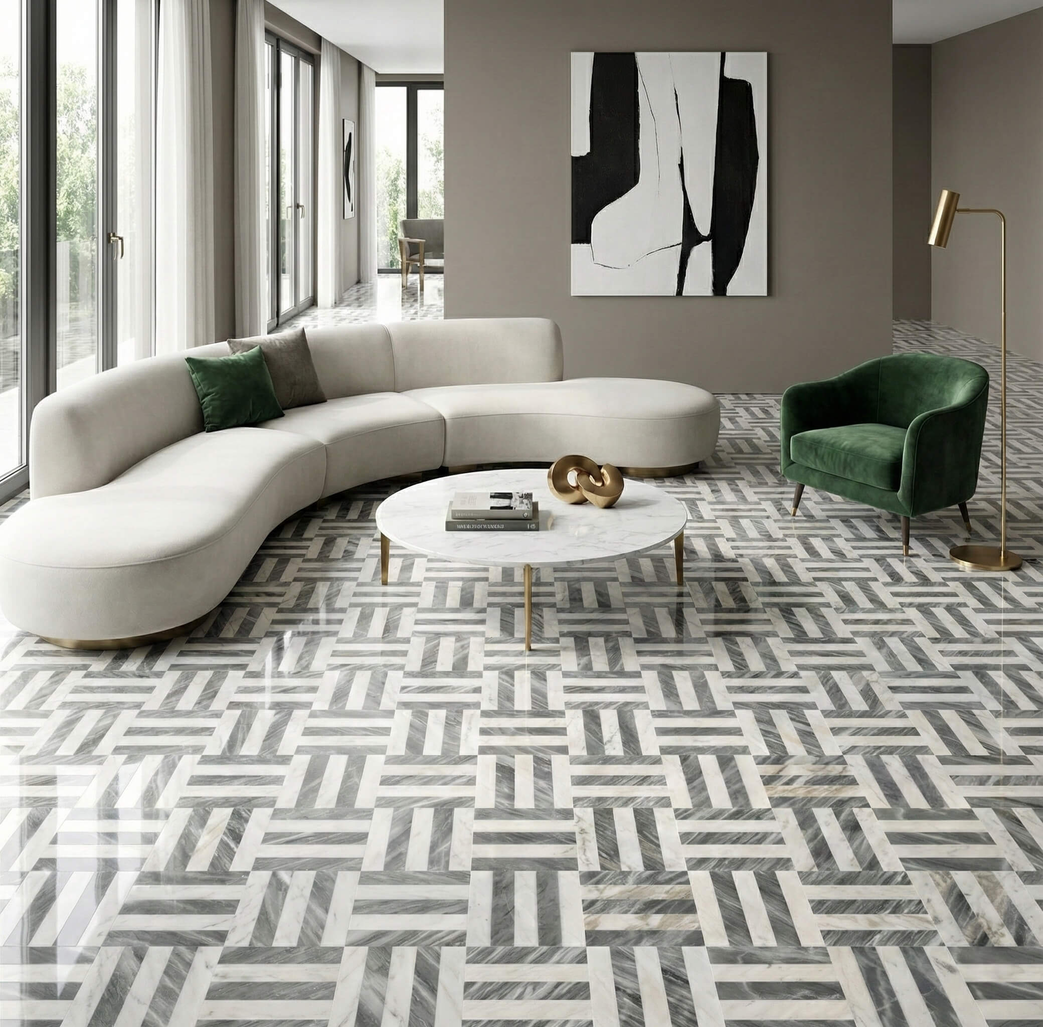 12x12 White Gray Waterjet Marble Tiles - Dual Color Pattern | USA Stock