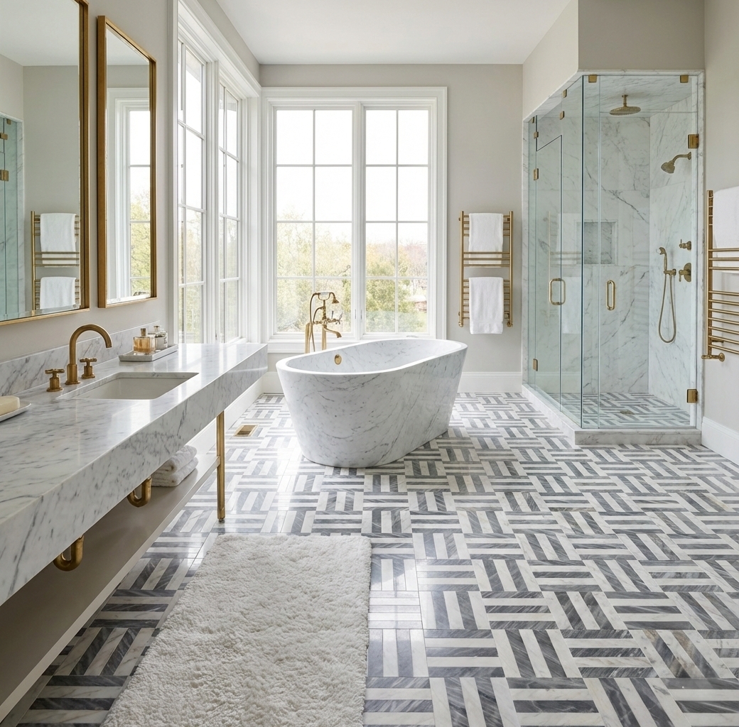 12x12 White Gray Waterjet Marble Tiles - Dual Color Pattern | USA Stock