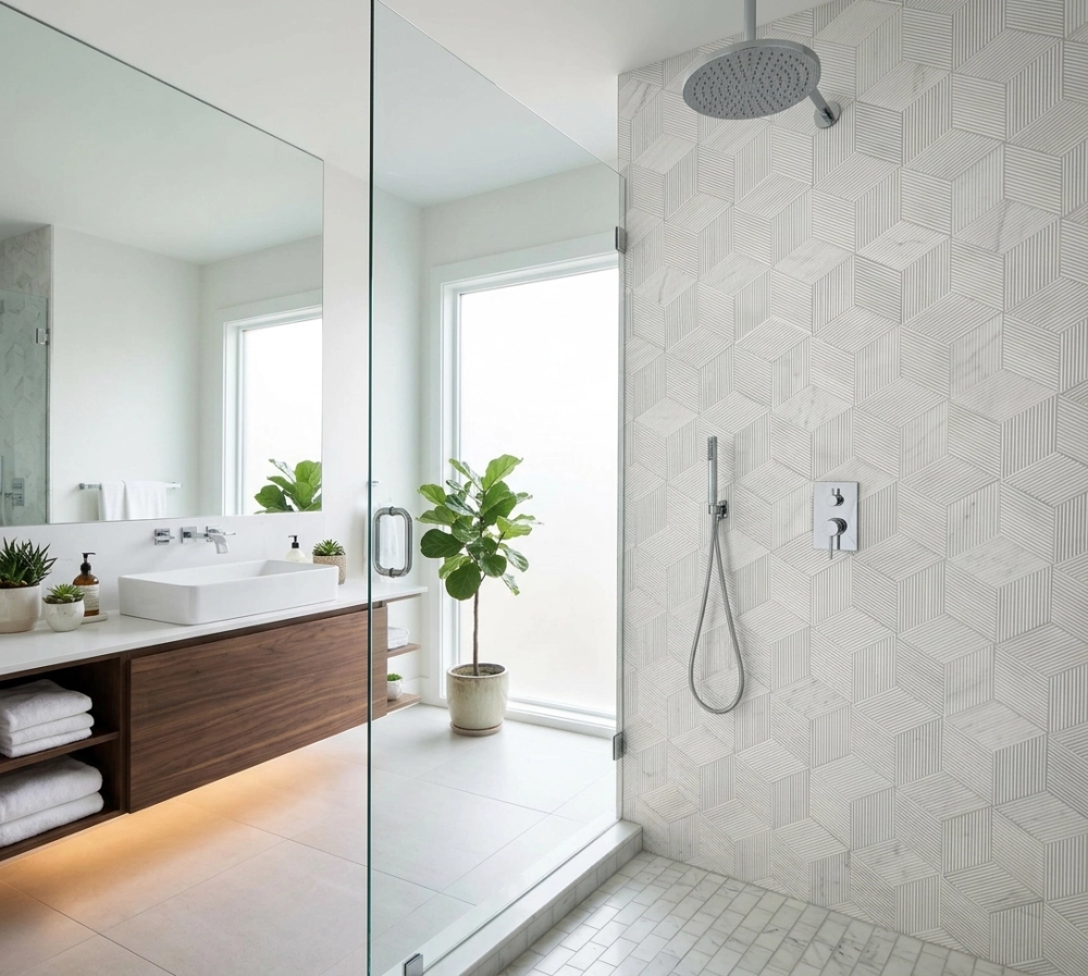 Fluted Hexagon White Marble Wall Tile | 3D Stone
