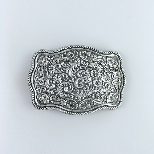 Antique Brushed Silver Cowboy Flower Pattern Belt Buckle