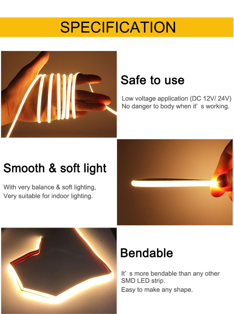 5mm PCB COB Led Strip Light Super Thin 12V 24V Soft Flex Tape Linear ...