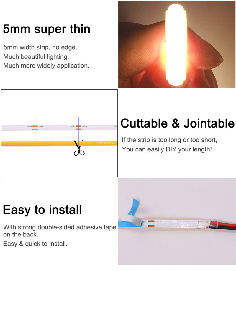 5mm PCB COB Led Strip Light Super Thin 12V 24V Soft Flex Tape Linear ...
